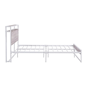Bellemave Full Metal Bed Frame with Wooden Headboard and USB Ports Full Size Platform Bed 2-Tier Storage Headboard and Charging Station, Noise-Free, No Box Spring Needed, White