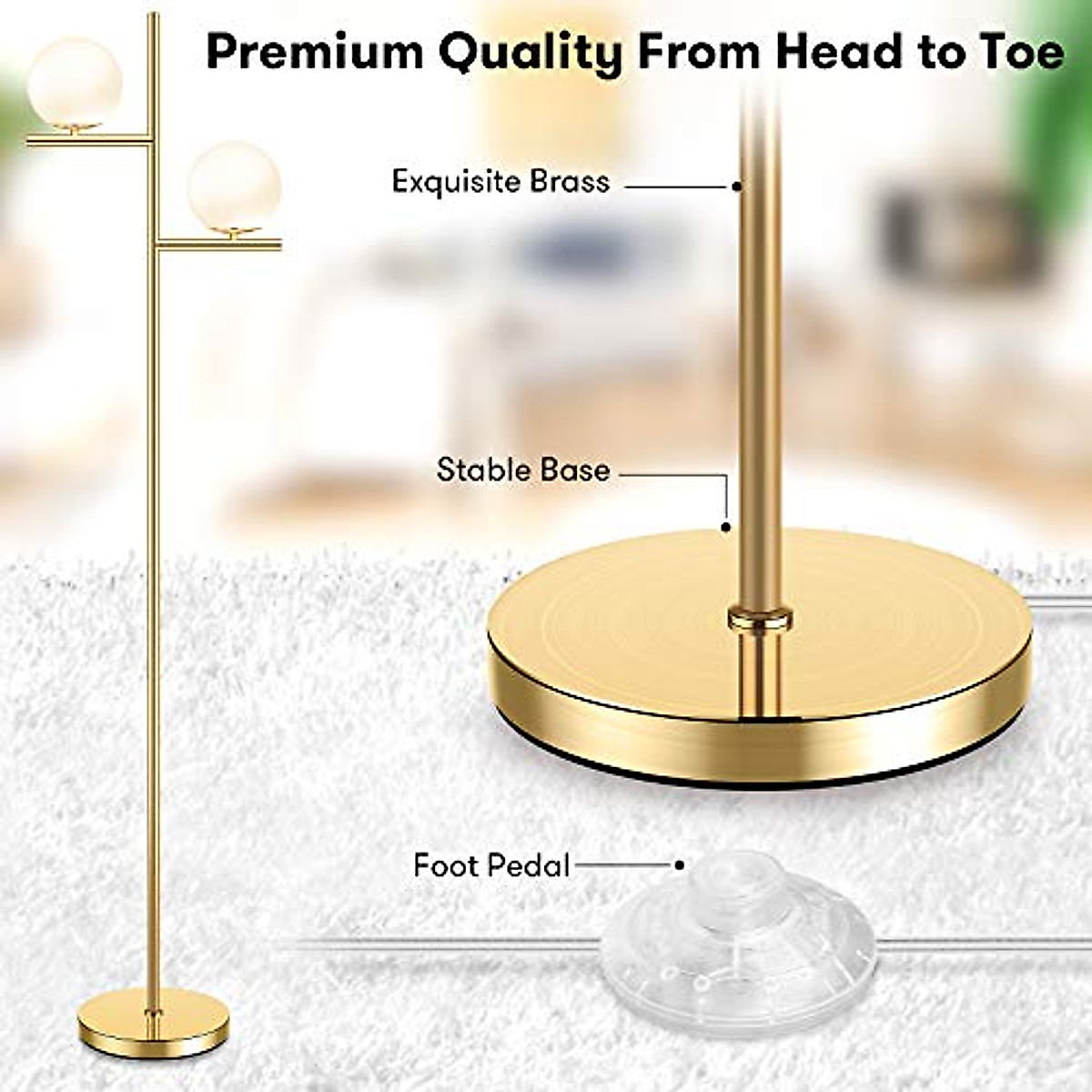 Mid Century Floor Lamp - 2 Globe Modern Standing Lamp with Foot Pedal, Frosted Glass Stand Up Lights for Living Room, Bedroom, Office, Contemporary LED Antique Brass|Gold Tall Pole Light Indoor