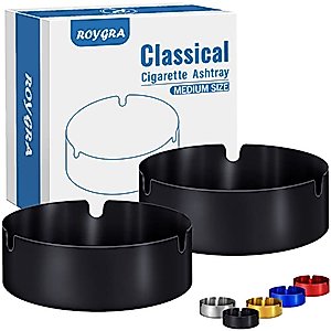 roygra Ashtray 2 Pack, Metal Ashtray - Black, Medium Size (3.15 x 3.15 x 1.3’’)