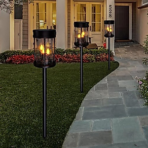 Outdoor Garden Solar Stake Lights Flickering Candle Lantern Lighting for Yard, Lawn, Patio, Pathway, Wall Decoration (2Pack, Black)