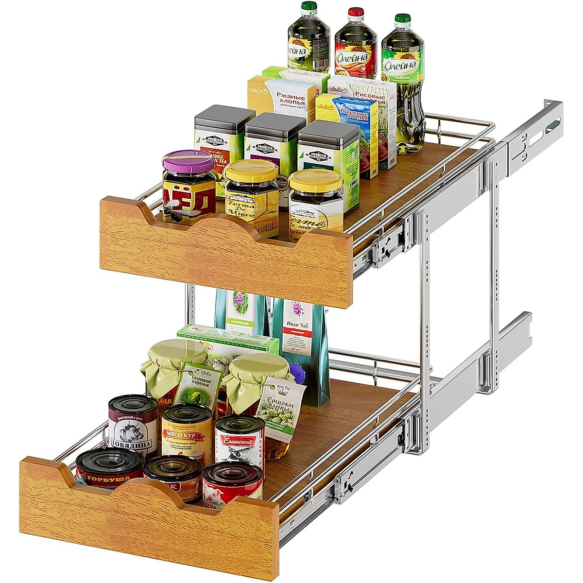 DINDON 2 Tier Pull Out Cabinet Organizer (14" W x 21" D) Slide Out Wood Shelf Double Tier Kitchen Wire Basket with Chrome Finish…