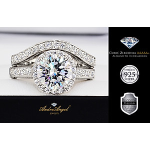 Engagement Ring Set Wedding 100% Solid Sterling Silver 925 Rhodium Plating Cubic Zirconia Stones AAAAA+ Alternative to Diamonds 2.5 Carats Anniversary Marriage Bridal Promise Design Valentine