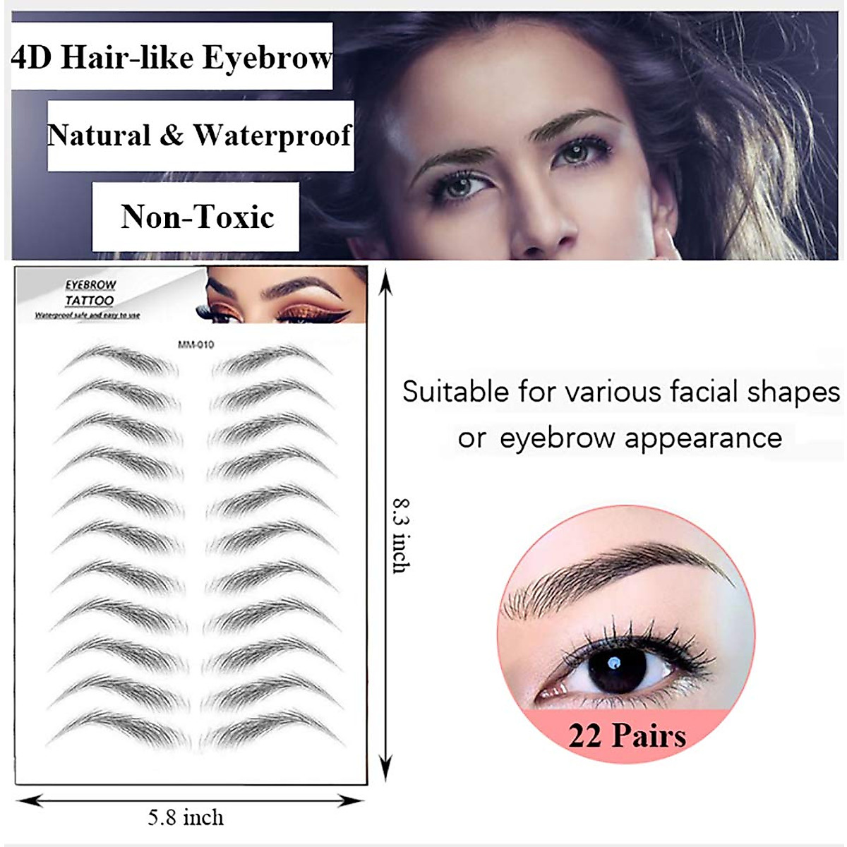 22-Pairs 4D Eyebrow Tattoo Stickers, Hair-Like Authentic Eyebrows, Waterproof Natural Eyebrow Tattoo Stickers