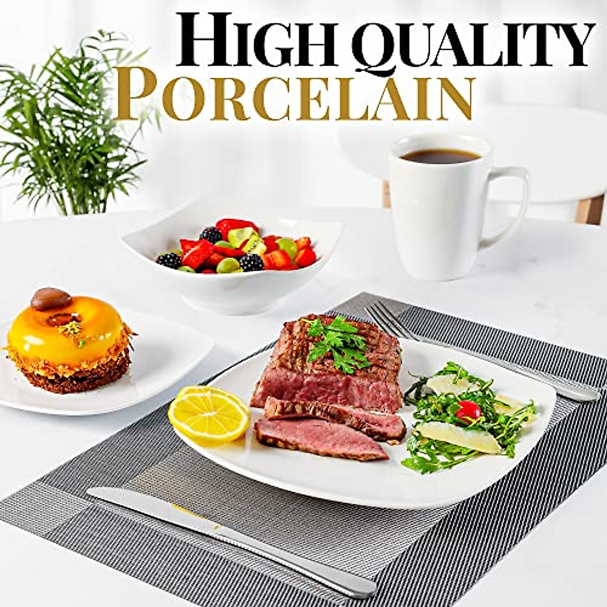 Zulay (16 Piece) Square Dinnerware Sets -Premium Quality Porcelain Plates Set & Dishes Set - Service For 4 Dishware Sets With 4 Plates, 4 Side Plate, 4 Soup Bowl, 4 Square Mug & 2 Silver Sponges