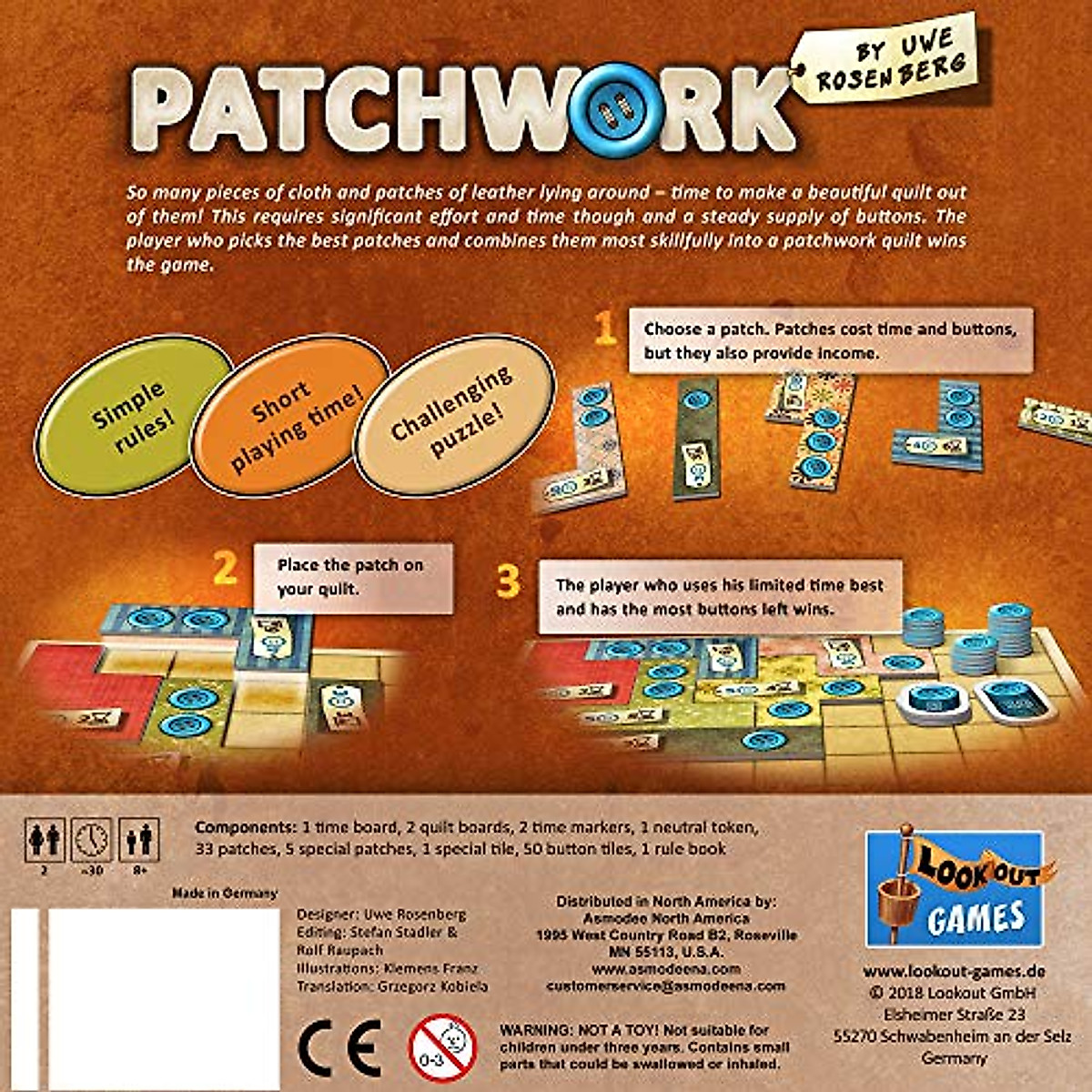 Patchwork | Strategy / Puzzle Game | Family Board Game | Two Player Game for Kids and Adults | Ages 8 and up |Average Playtime 30 Minutes | Made by Lookout Games , Brown