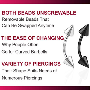 bodyjewellery 4pcs 16g Curved Barbell Cartilage Lip Tragus Eyebrow Forward Helix Conch Daith Earring Black Vertical Labret Spike - 10mm