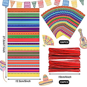 100 Pcs Mexican Fiesta Cellophane Treat Bags Party Favor Bag Cinco De Mayo Party Decorations, Mexican Candy Bags Fiesta Party Bags Goodie Gift Bag for Mexican Party Birthday, with 150 Red Twist Ties