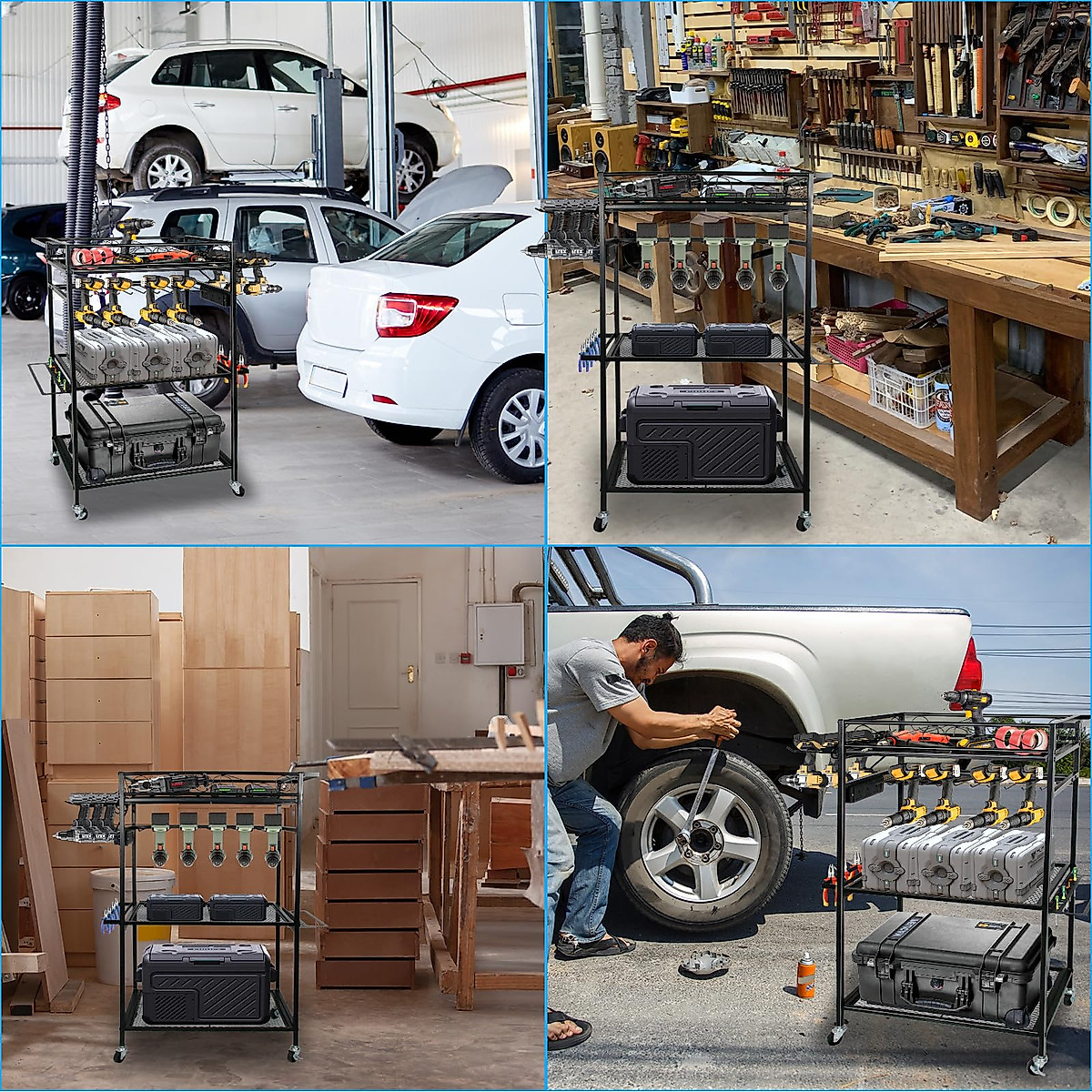 AQNIEGEP Power Tool Organizer Cart with 3 Charging Station, Garage Rolling Tool Storage Cart, Mobile Tool Cart with Wheels, Garage Workshop Gift Ideas for Dad Men Black