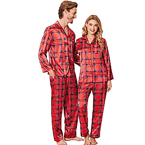 Ekouaer Matching Christmas Pajamas for Couples Silky Soft Sleepwear Winter Long Sleeve Button Up Two Piece Pjs,Christmas Red Plaid,M