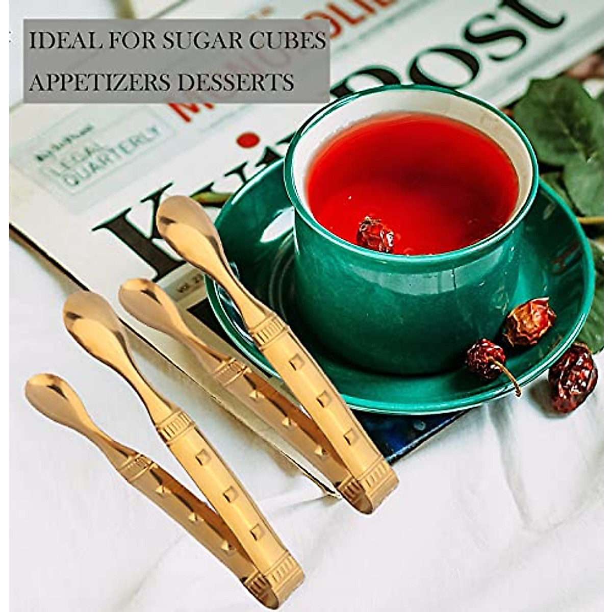 IAXSEE 6-Pieces 6 Inch Gold Tongs Mini Tongs for Appetizers, Gold Serving Utensils Small Tongs for Serving Appetizers Ice Tongs Sugar Tongs