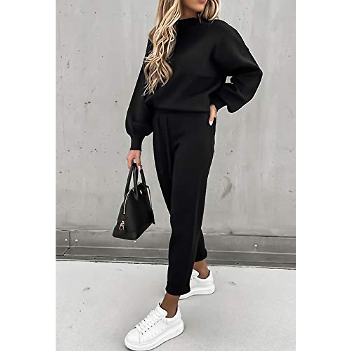 Women's 2 Piece Pant Set Sweatsuit Long Lantern Sleeve Sweatshirt Jogger Pant Tracksuit Black M