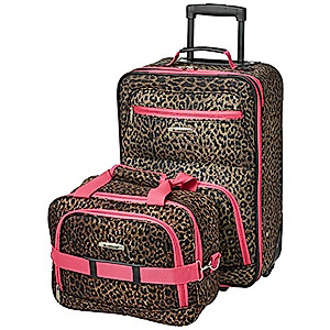 Rockland Fashion Softside Upright Luggage Set, Expandable,Lightweight,Telescopic Handle,Wheel, Pink Leopard, 2-Piece (14/19)