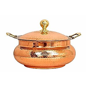 Indian Art Villa Steel Copper Plain Design Chafing Dish With Brass Knob And Handles, Cookware, Serveware, Capacity - 203 Oz