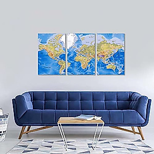 Blue World Map Wall Art Canvas Decor Poster for Office, Living Room, Home Bedroom Decoration 16"x24"x3 Pcs Framed