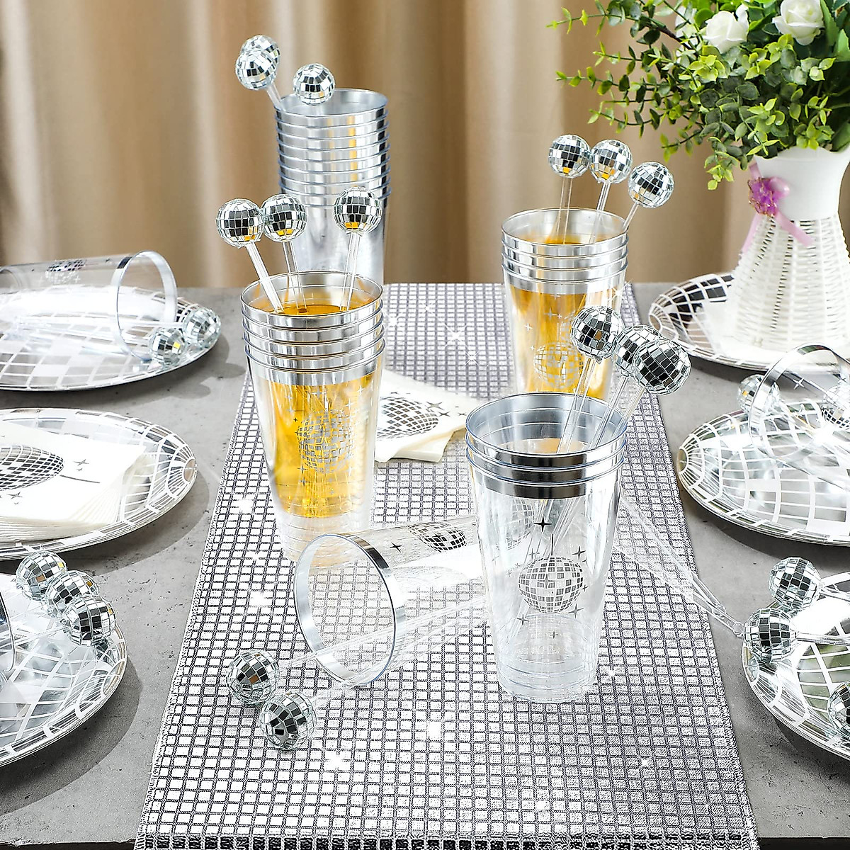 70s Disco Party Supplies Disco Balls Plates Napkins Cocktail Stirrers Disposable Plastic Cups Party Table Runner for 80s 90s Wedding Picnic Travel(101 Pieces)