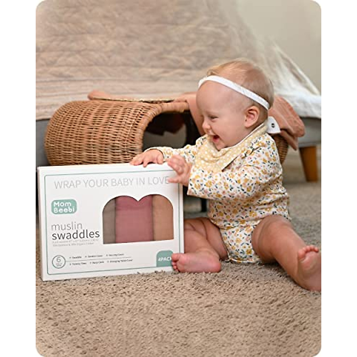 Mom Beebi Muslin Swaddle Blankets, Soft Silky Swaddle Blanket, Breathable and Skin-Friendly Baby Blankets for Boys & Girls, 4-Pack Unisex Baby Blankets, 47 x 47 inches