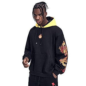 MFCT Japanese Streetwear Embroidered Fleece Hoodies for Men (Large, Black1)