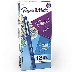 Paper Mate Flair Felt Tip Pens, Medium Point (0.7mm), Blue, 12 Count