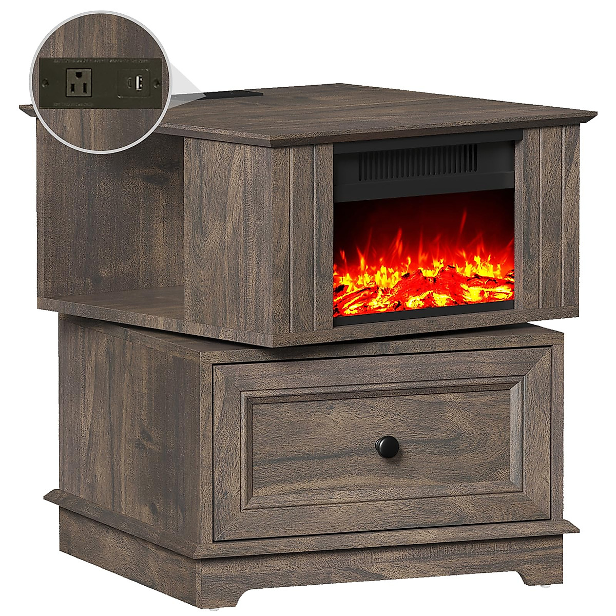 REDAYFUR Rotating End Table with 13" Electric Fireplace Screens, Side Table with Fast Charging Station, 1400W Fireplace End Table with Storage, Wooden Side Table for Living Room, Bedroom, Office