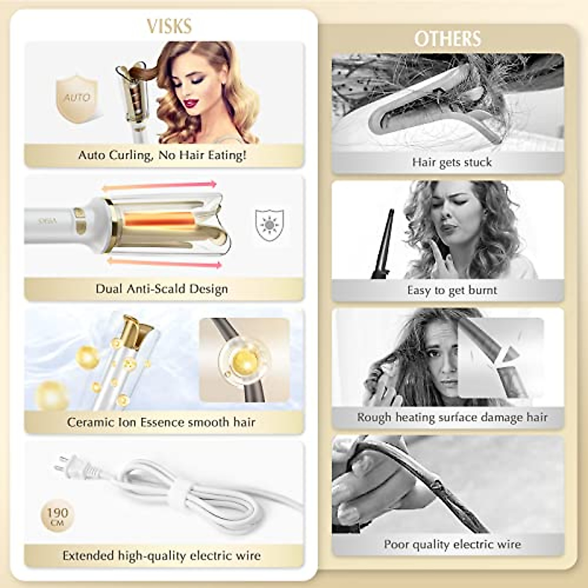 VISKS Auto Ceramic Hair Curler, Automatic Curling Iron with 1" Barrel & 3 Heat Settings, Super Easy-to-use 1 inch Curling Iron, Auto Rotating Curling Wand, Fast Heating Rotating Curling Iron