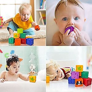 Building Blocks Baby Toys for 3 Months and up, Soft Squeeze Sensory Colorful Teething Chewing Educational Stacking Blocks with 3D Embossed Patterns