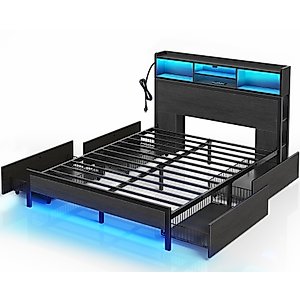 Rolanstar Full Bed Frame with Storage Headboard, Metal Platform Bed with Charging Station, LED, 4 Drawers, Bookcase Storage, No Box Spring Needed, Easy Assembly, Noise-Free, Black