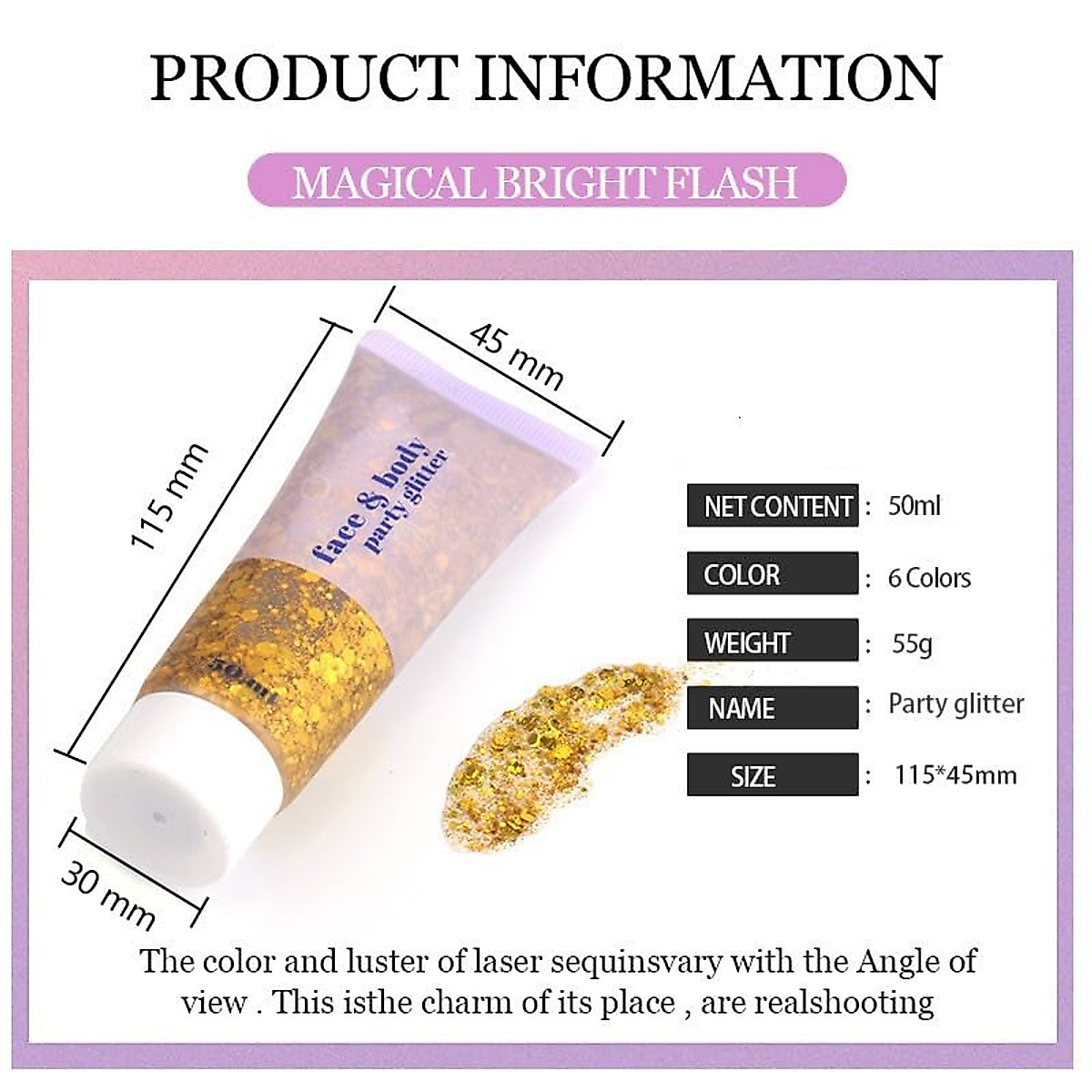 2 Color Face and Body Glitter Gel, Neon Outfit Glow Party for Body Hair Face Nail Glitter Stick Makeup. (03-Pink&06-White Moonbeam)