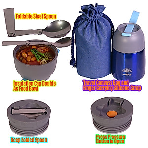 NicePix Insulated Stainless Steel Metal Food Jar with Travel Bag, Foldable Steel Spoon, Bowl. Leak proof wide mouth Insulated Steel Vacuum Food Jar for travel work