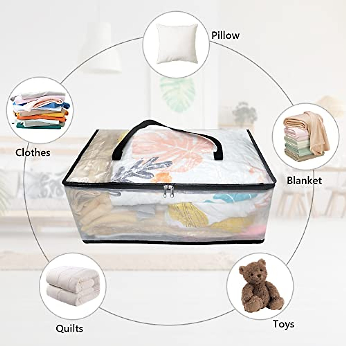 AMJ 3-Pack Clear Clothes Storage Bag with Reinforced Handle, Foldable Heavy-Duty Tote for Space Saving, Vinyl Storage Bag for Comforter, Blanket, Bedding, Duvet, Moving Totes (Clear)