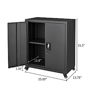 GREATMEET Metal Storage Cabinet with Wheels, Locking Cabinet with Doors and Shelf, Metal Cabinet for Tool Storage, Lockable Metal Cabinet Easy Assembled for Garage, Office, Utility Room