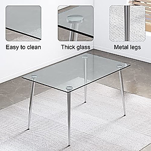 Glass Dining Table for 4 with 51 inch Clear Rectangular Glass Top, 0.31" Modern Tempered Glass Kitchen Table Furniture with 4 Silver Plating Metal Legs for Home Office Living Room