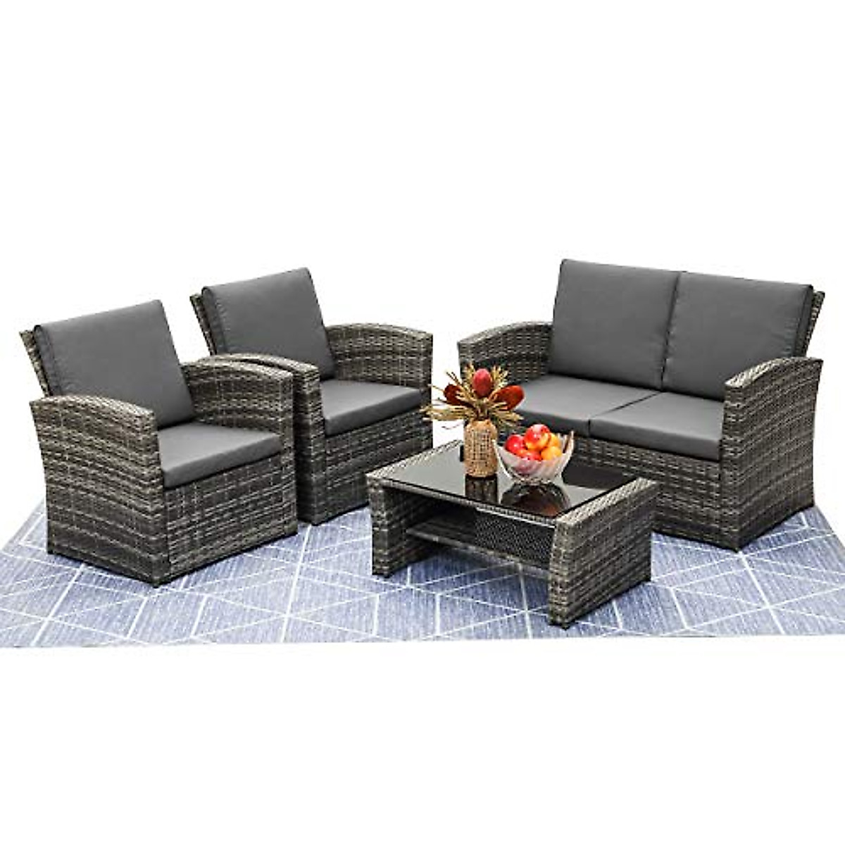 Vakollia 4 Piece Outdoor Patio Furniture Sets, Wicker Rattan Conversation Sofa Set with Table & Chair for Backyard Balcony Garden Poolside Porch (Grey-Dark Grey)