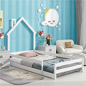 Dolonm Twin Size Montessori Toddler Floor Bed Frame, Modern House-Shaped Frame Headboard Bed with Fences, Pine Wood with Full-Length Guardrails, Bed for Girls Boys(Without Slats), White