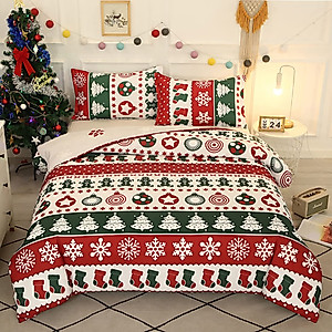 Mengersi Christmas Snowflakes Duvet Cover King Size,Xmas Trees Holiday Bedding Comforter Cover with Zipper Closure,Home Decoration for New Year (Green)