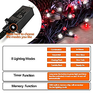 82FT 200 LED Red White Christmas Lights Outdoor/Indoor, Timer & Memory Function & 8 Modes, Extendable Green Wire, Waterproof String Lights for Xmas Tree Holiday Party Garden Yard Decor (Red & White)
