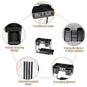 Under Sink Organizers and Storage - 2 Tier Sliding Bathroom Organizer Kitchen Cabinet Basket Storage Shelf with 4 Hooks and 2 Hanging Cups for Home Storage