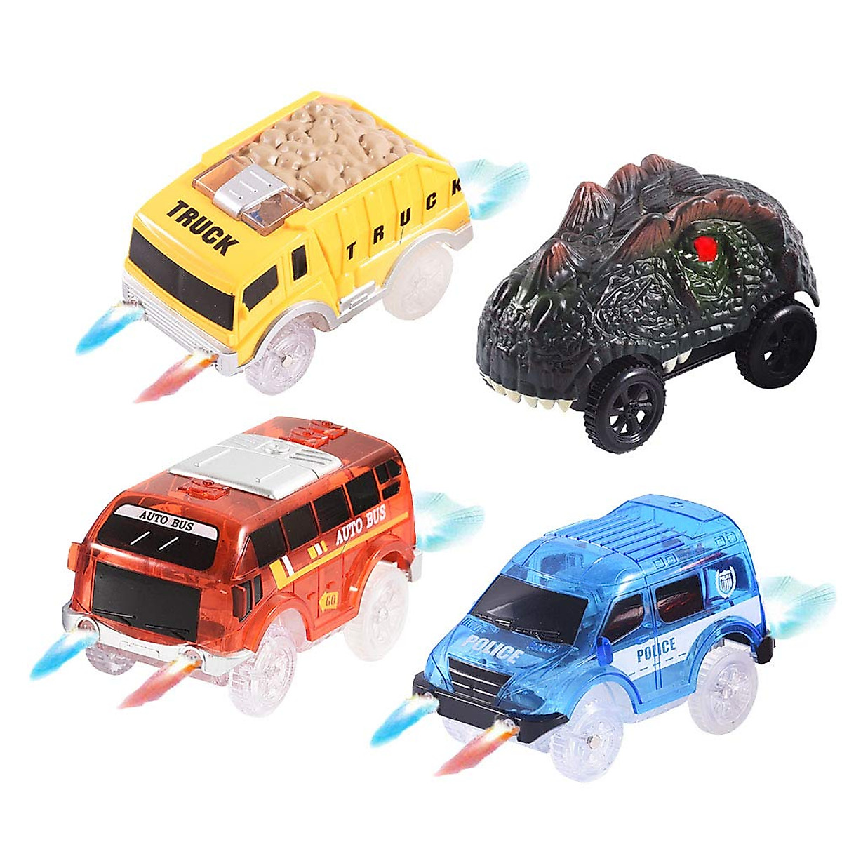 QUOXO 4 Pack Tracks Racing Car Only Replacement,Light Up Toy Cars Glow in The Dark Track Accessories for Boys and Girls