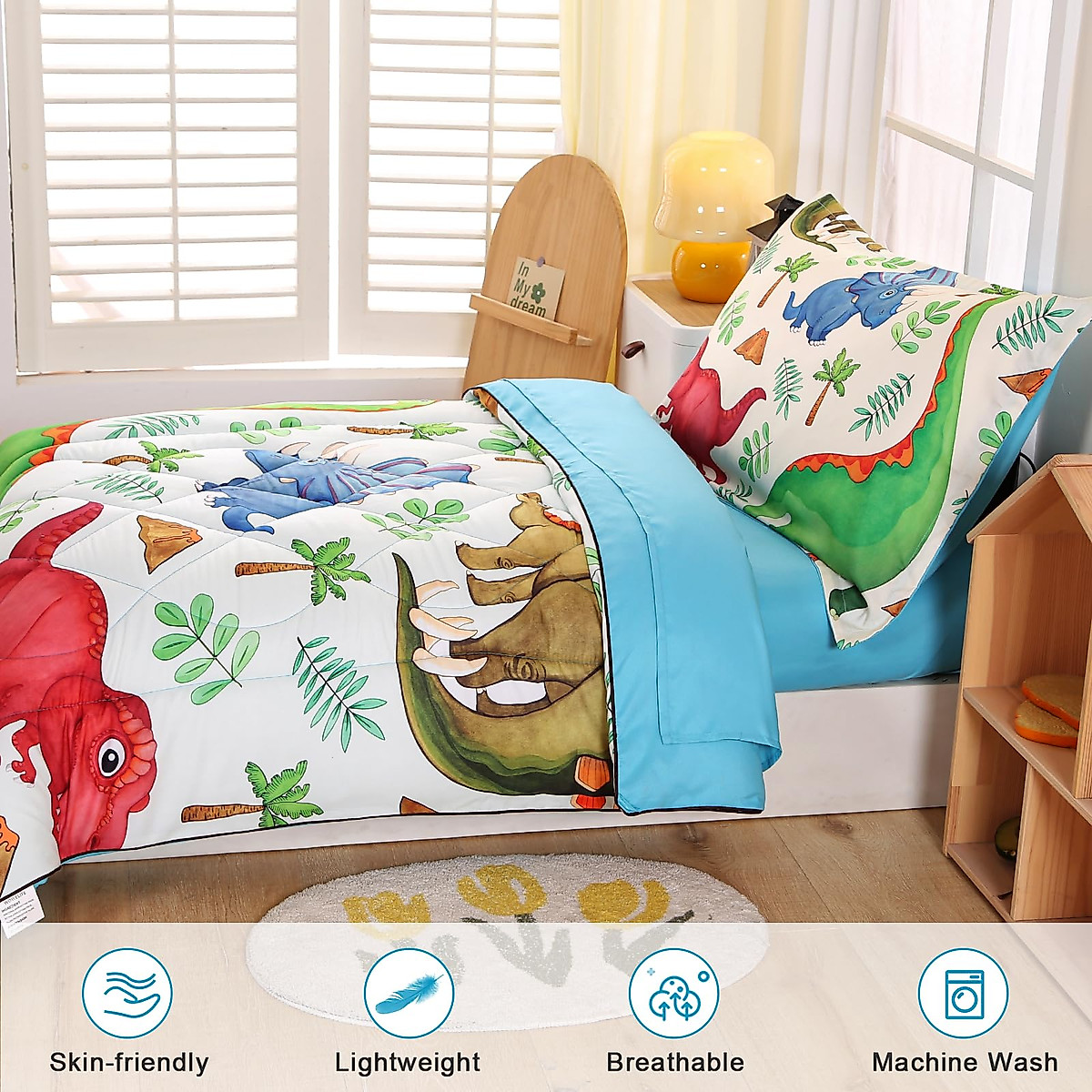 Wowelife 4 Piece Dinosaur Toddler Bedding Set Toddler Bed Sheets Sets for Boys Green Kids Toddler Comforter Set Breathable and Soft with Comforter, Flat Sheet, Fitted Sheet and Pillowcase