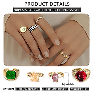 Florideco 30Pcs 18K Gold Chunky Rings for Women Gold Plated Rings Chunky Twisted Signet Rings Stackable Knuckle Midi Rings Adjustable Open Ring Sets Gold