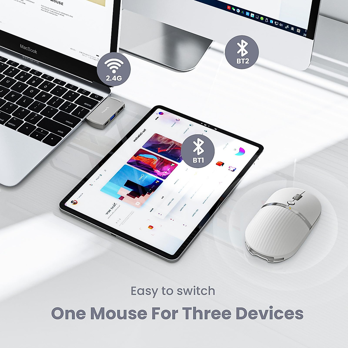 ProtoArc USB C Wireless Bluetooth Mouse, Multi-Device HubMouse with Type C Hub Portable Silent Rechargeable Computer Laptop Mouse for ipad, PC, Tablet, MacBook, Surface Pro-Silver