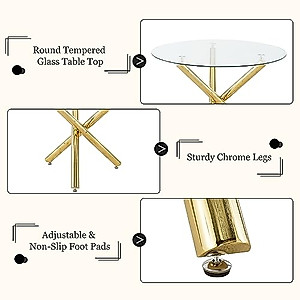 Round Glass Dining Room Table for 2 to 4 Person Modern Tempered Glass Top, Sturdy Chrome Legs, Adjustable Foot Pads, Kitchen Table for Living Room, Dining Room, Tea, Home, 39.37 Inch, Golden Base