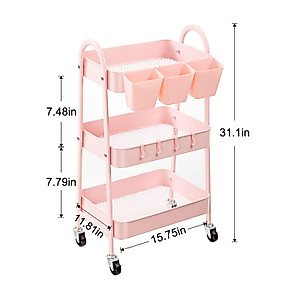 danpinera 3-Tier Rolling Cart, Metal Rolling Storage Cart with Lockable Wheels & Hanging Cups & Hooks, Mobile Trolley Cart for Kitchen, Bathroom, Office, Workshop, Pink