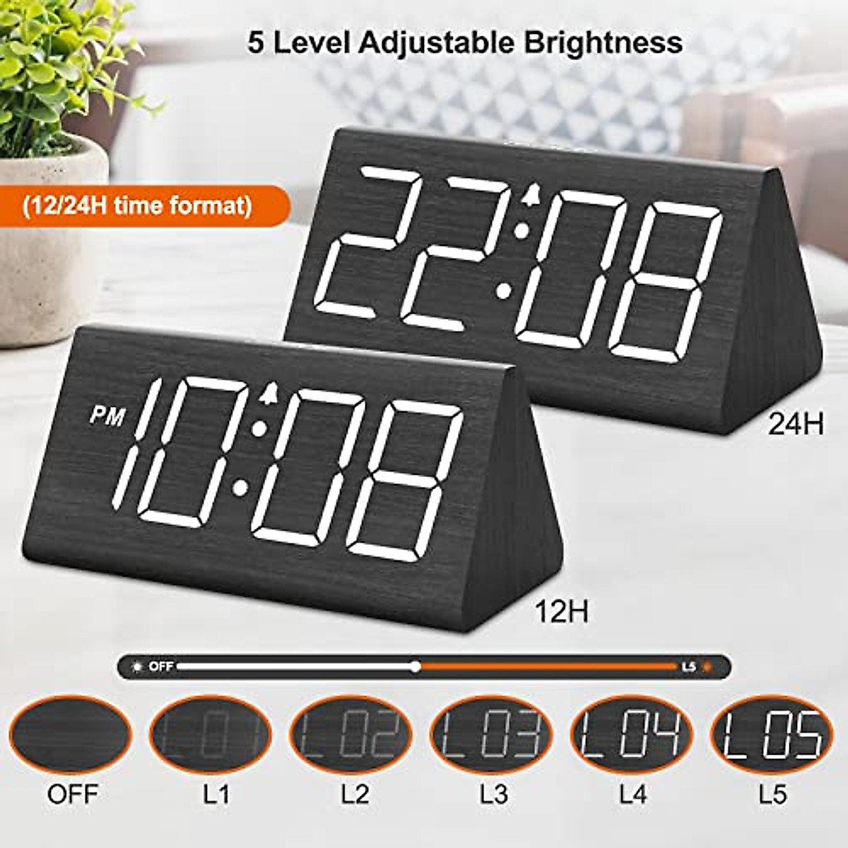 DreamSky Wooden Digital Alarm Clocks for Bedrooms - Electric Desk Clock with Large Numbers, USB Port, Battery Backup Alarm, Adjustable Volume, Dimmer, Snooze, DST, 12/24H, Wood Décor (Black)