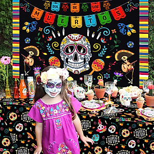 Day of the Dead Party Decorations, Mexican Fiesta Pennant Hanging Banner Sugar Skull Dia De Los Muertos Backdrop and Table cover for Day of the Dead Party Supplies
