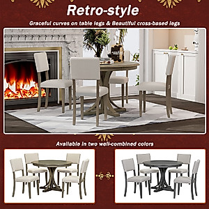 P PURLOVE 5 Piece Round Dining Table Set for 4, Retro Round Table and Chairs Set of 4 with Upholstered Chairs for Dining Room, Kitchen Room