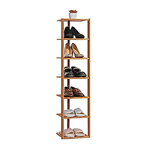 MoNiBloom Bamboo Narrow Shoe Rack Storage Space Saving Single Pairs Shoe Organizer for Small Spaces Corner Bedroom Hallway Entryway Balcony Patio (7 Shelves, Brown)