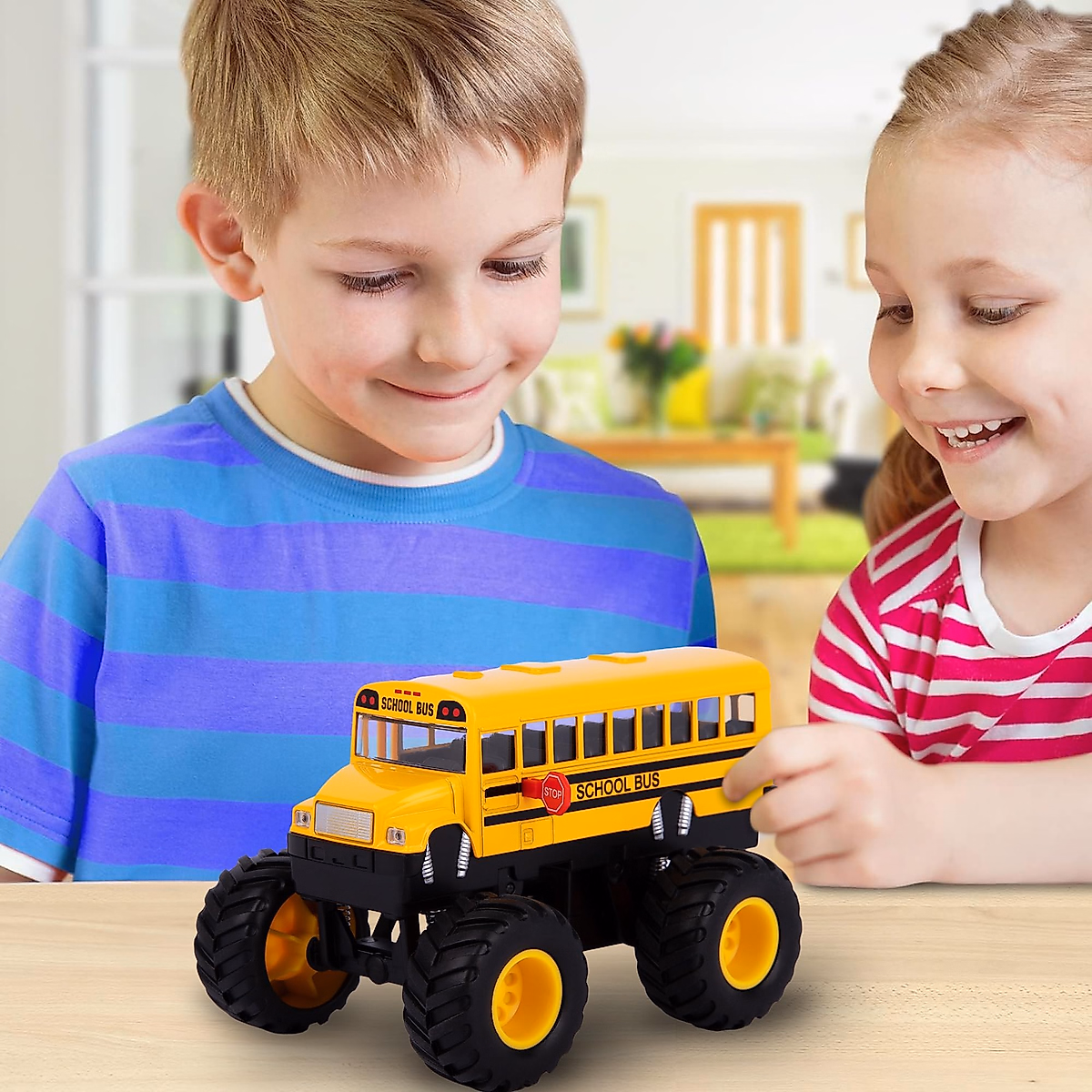 ArtCreativity 5 Inch Pull Back School Bus Toy Set - Set of 2 - Includes 5 Inch Monster-Wheel Bus, Diecast Bus Playset with Pull Back Mechanism, Great Gift Idea for Kids