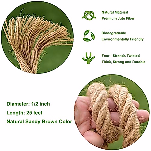 Natural Jute Rope - 1/2 Inch×25 Feet - Twisted Manila Rope - Thick Hemp Rope for Cat Scratching Posts, Hammock, Nautical, Home Decorating