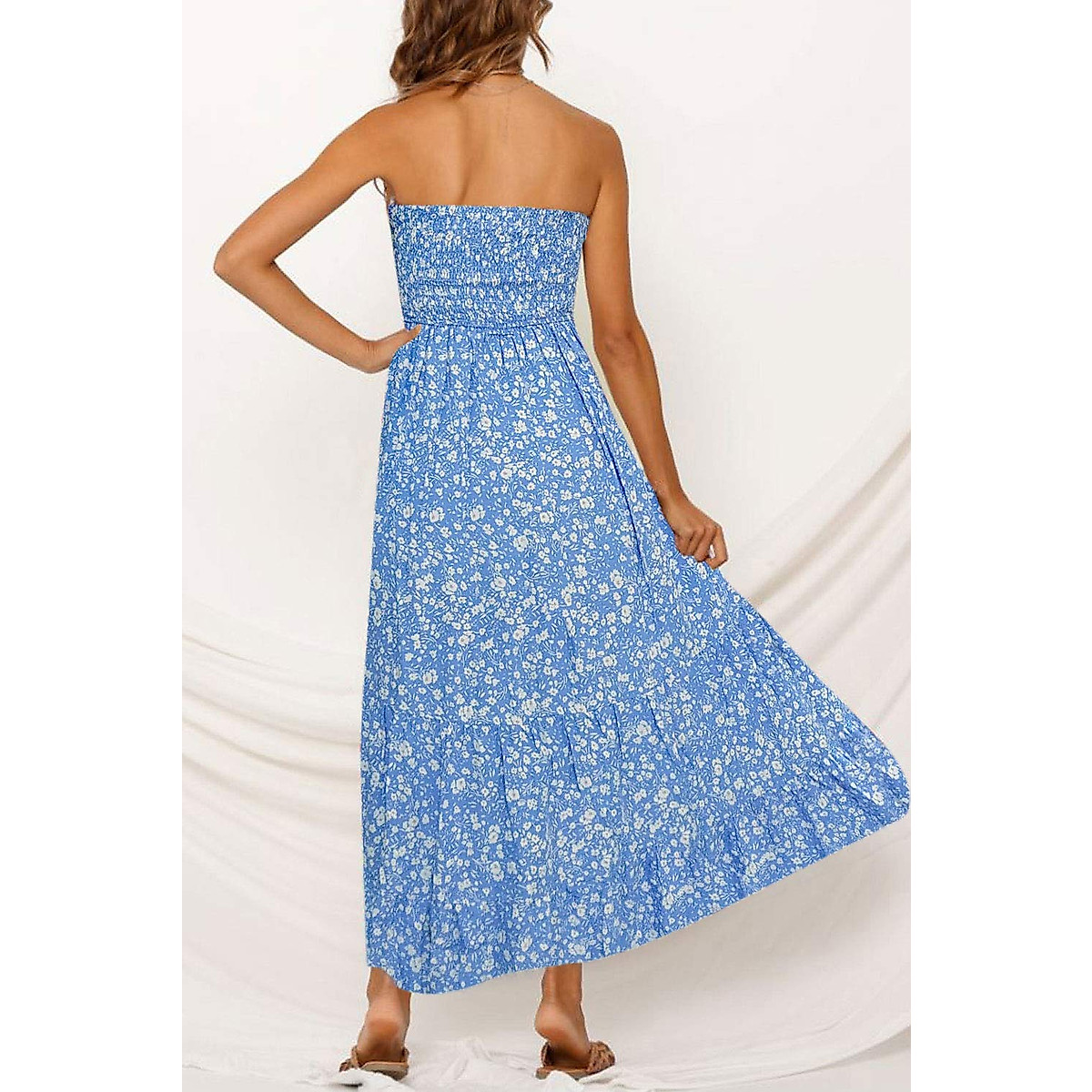 ZESICA Women's Summer Bohemian Floral Printed Strapless Beach Party Long Maxi Dress,Blue,Large