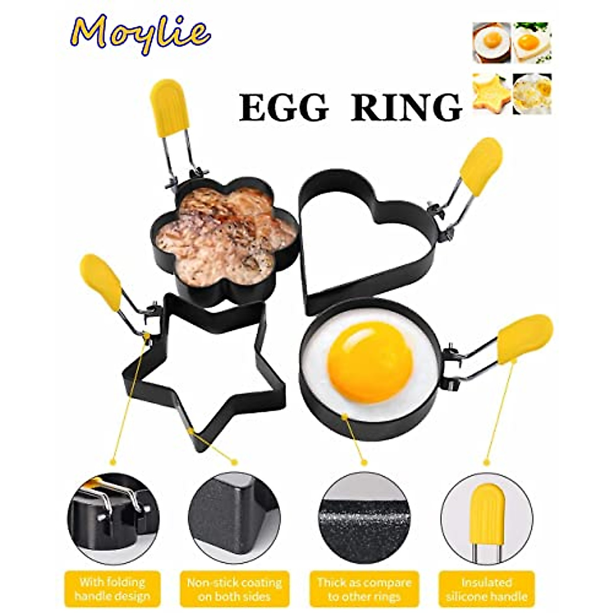 Egg Ring Upgraded Set of 4 with Oil Brush,Foldable silicone handle.Stainless Steel Egg Ring,Non Stick Round Omelette Model for Fried Egg McMuffin Sandwiches.(4 different shapes）